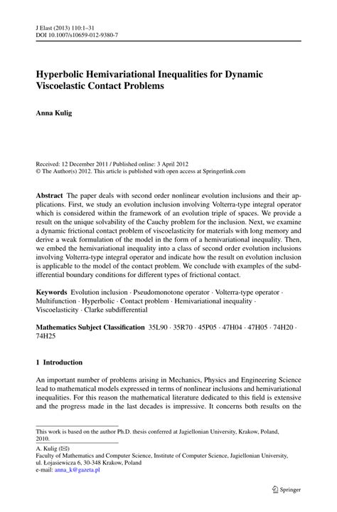 Pdf Hyperbolic Hemivariational Inequalities For Dynamic Viscoelastic Contact Problems