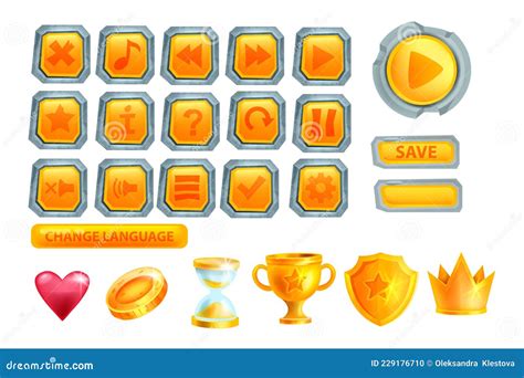 Game Button Vector Set UI Play Icon Kit User Interface Cartoon Design