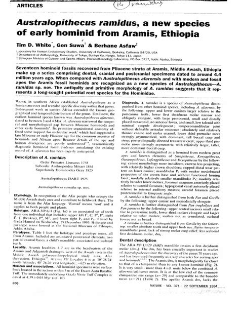 C6 Australopithecus Ramidus A New Species Of Early Hominid From Aramis Ethiopia Pdf
