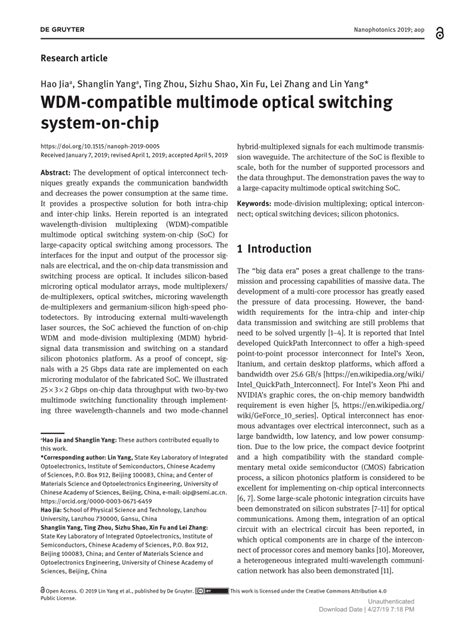 Pdf Wdm Compatible Multimode Optical Switching System On Chip