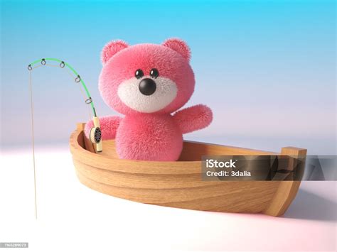 귀여워 핑크 솜털 테디 베어 캐릭터는 딩기 보트 3d 일러스트에서 낚시 3차원 형태에 대한 스톡 사진 및 기타 이미지 3차원 형태 귀여운 낚시 Istock