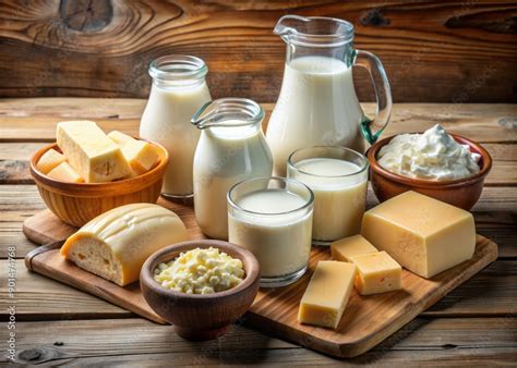 Assorted Varieties Of Milk Cheese Yogurt And Butter On A Rustic