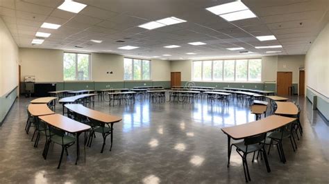 A Spacious Classroom Arranged In A Circular Layout With Tables And