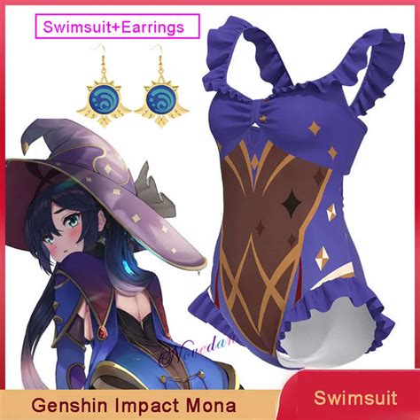 Genshin Impact Fanart Mona Swimsuit Cosplay Costume With Earrings Sukumizu Ganyu Swimwear Bikini