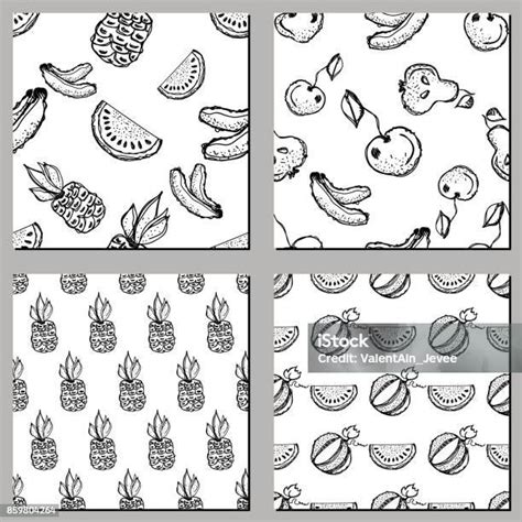 원활한 벡터 패턴의 집합입니다 손 흰색 바탕에 검은색과 흰색 과일 수 박 바나나 파인애플 체리 배의 그림을 그려 선 그리기 0명에 대한 스톡 벡터 아트 및 기타 이미지