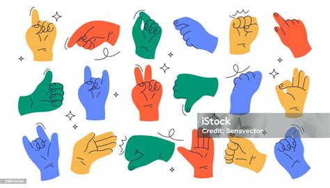 의사 소통의 비언어적 요소를 보여주는 제스처와 손 벡터는 낙서와 함께 열린 손바닥과 반란 기호를 분리했습니다 엄지 손가락 위아래 로큰롤과 좋아 평화와 첫 번째 위로 손가락에