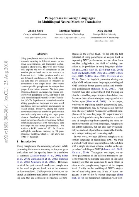 Pdf Paraphrases As Foreign Languages In Multilingual Neural Machine