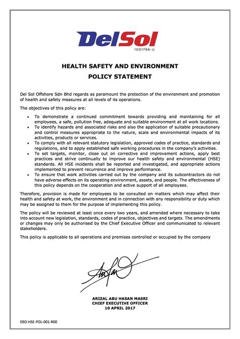 Del Sol HSE Policy Statement DSO HSE POL 001 R00 Del Sol Offshore
