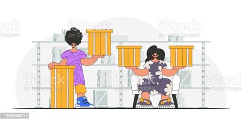 여자와 남자가 손에 상자를 들고 있습니다 택배 팀 화물 및 화물 발송의 그래픽 표현 가상현실에 대한 스톡 벡터 아트 및 기타 이미지 가상현실 남자 배달 Istock