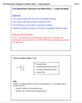 Hypothesis Testing For The Mean Lesson With Homework TpT
