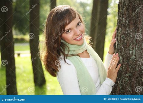 Woman Leaning On Tree Stock Photo Image Of Hugging Beautiful