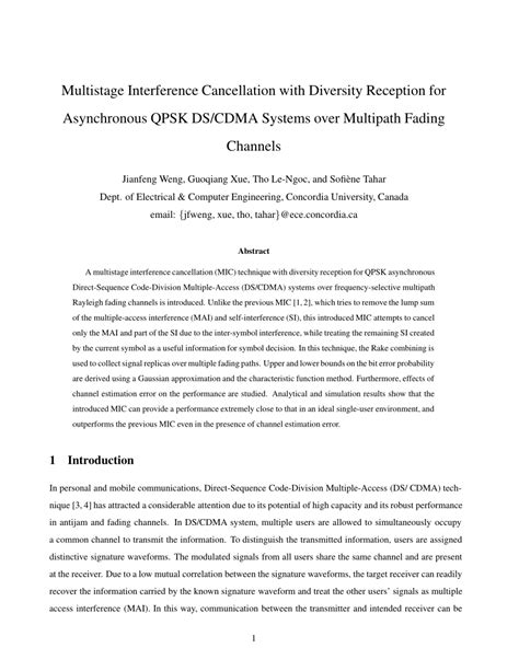 Pdf Multistage Interference Cancellation With Diversity Reception For Asynchronous Qpsk Ds