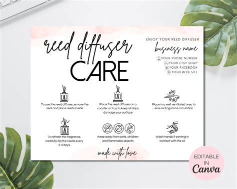 Reed Diffuser Care Instructions Card Reed Diffuser Care Card Etsy