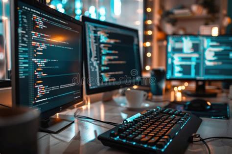 A Computer Desk With Two Monitors And A Keyboard Stock Illustration Illustration Of Language