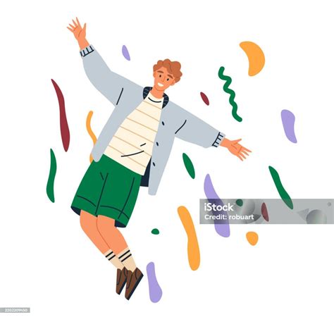 기쁨에 찬 남성은 행복으로 떨어지는 형형색색의 색종이 속에서 축하합니다 긍정적인 감정 표현에 대한 스톡 벡터 아트 및 기타 이미지 긍정적인 감정 표현 남자 녹색