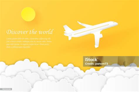 노란색 하늘 태양과 구름 공기 교통 텍스트 여행 개념 복사 공간과 비행 세계 비행기를 보세요 종이 컷 스타일 벡터 일러스트레이션 개념에 대한 스톡 벡터 아트 및 기타 이미지