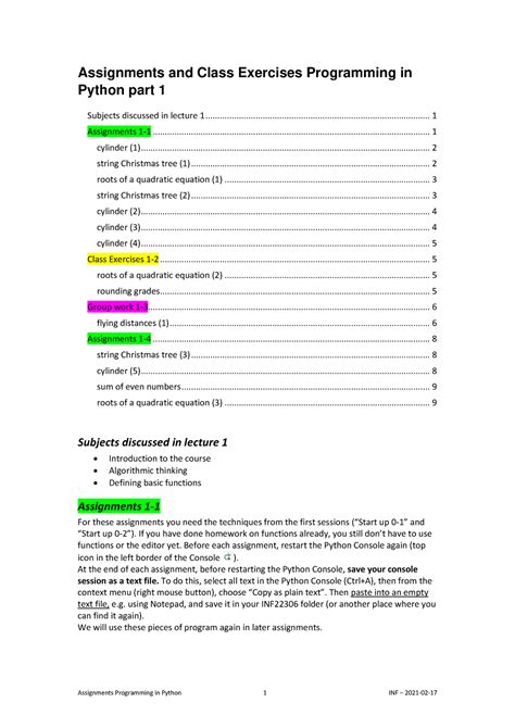 Assignment And Class Exercises Programming In Python Part 1 Vs01