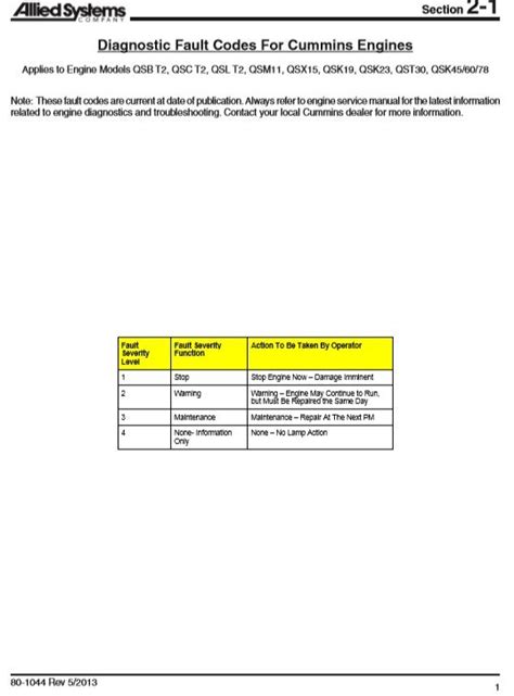 Cummins Diagnostic Fault Codes List For Cummins Engines