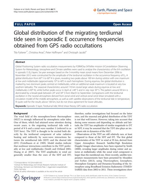 Pdf Global Distribution Of The Migrating Terdiurnal Tide Seen In Sporadic E Occurrence