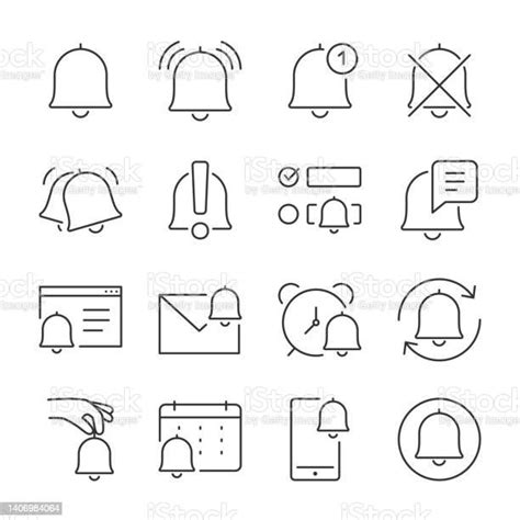 알림 벨 아이콘이 설정됩니다 이벤트 알람 시계 아이콘입니다 편집 가능한 획이 있는 선 상기시켜 주는 것에 대한 스톡 벡터 아트 및 기타 이미지 상기시켜 주는 것 아이콘