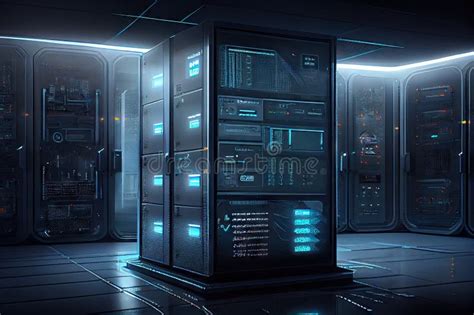 Data Center With Holographic Displays And Touch Controls Stock