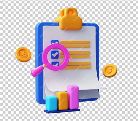 체크리스트를 가진 3d 클립보드 확대 유리 및 동전 무료 Psd 파일