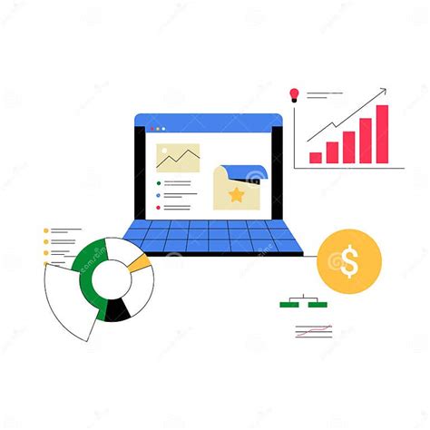 laptop with analytics dashboard and charts in flat vector illustration