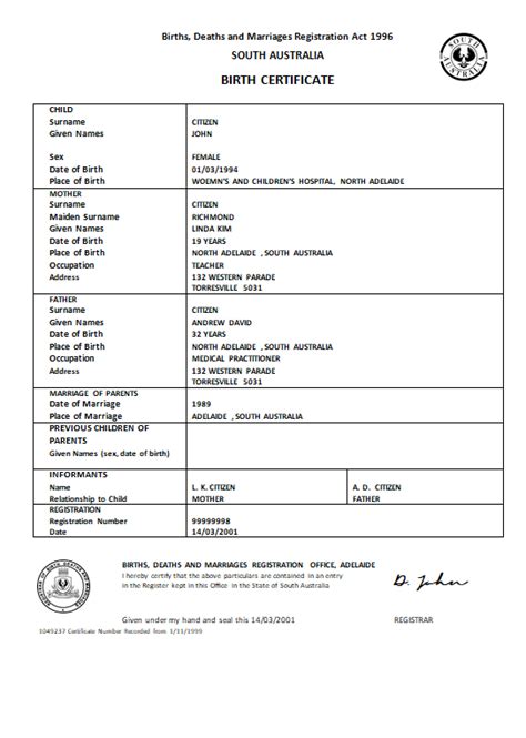 Australia South Australia Birth Certificate Fake Template In Word Format Version