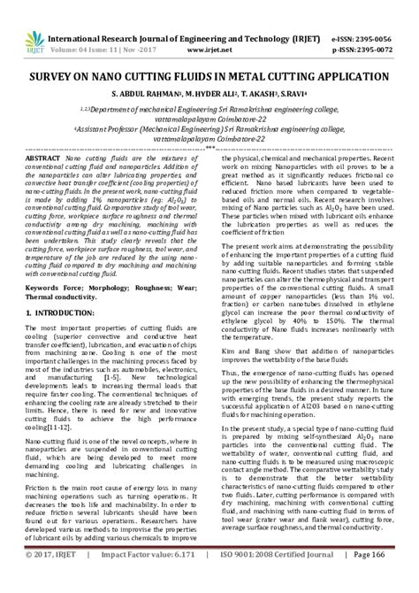 Pdf Survey On Nano Cutting Fluids In Metal Cutting Application