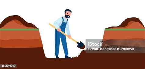 남성 건설 노동자가 삽으로 구멍을 파고 있다 산업 토지 굴착 작업복을 입은 노동자 흙을 굴착하는 건축업자 굴착기 직업 도로 또는