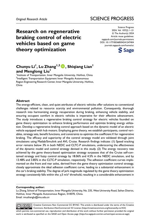 Pdf Research On Regenerative Braking Control Of Electric Vehicles Based On Game Theory