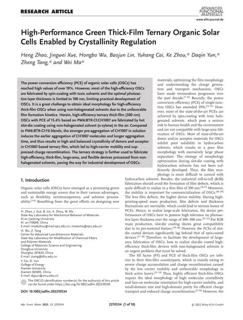 High‐performance Green Thick‐film Ternary Organic Solar Cells Enabled By Crystallinity