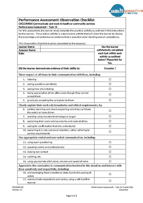Chccom 005 PA Task 1A Trainer Obs V3 Performance Assessment Observation Checklist CHCCOM005