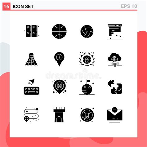 Set Of 16 Vector Solid Glyphs On Grid For Sport Badminton Volleyball