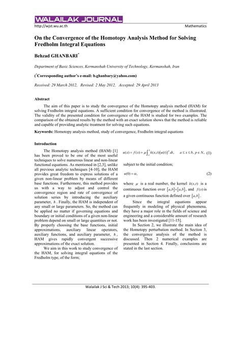 Pdf On The Convergence Of The Homotopy Analysis Method For Solving Fredholm Integral Equations
