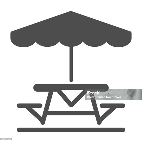 우산 단단한 아이콘 피크닉 컨셉 테이블 과 벤치 흰색 배경에 표지판 글리프 스타일의 우산 아이콘야외 테이블 캠핑 테이블과 벤치