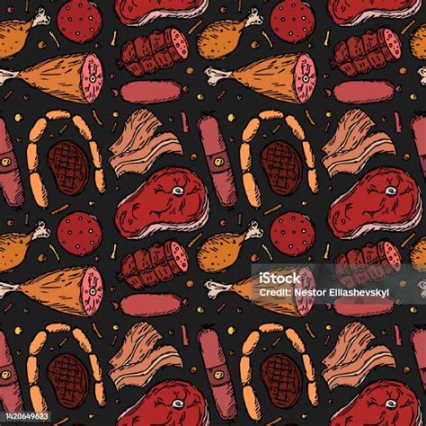 원활한 고기 패턴 색깔있는 고기 배경 육류 제품 아이콘이 있는 낙서 벡터 일러스트 레이 션 고기에 대한 스톡 벡터 아트 및 기타 이미지 Istock