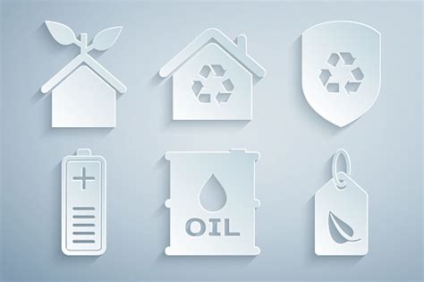 오일 배럴 설정 쉴드 내부 재활용 배터리 충전 수준 표시기 잎이 있는 태그 에코 하우스 재활용 및 친근한 집 아이콘 벡터 3차원 형태에 대한 스톡 벡터 아트 및 기타 이미지