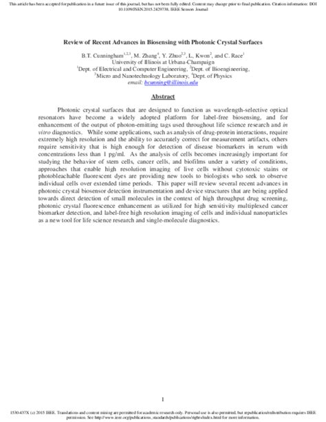 Pdf Review Of Recent Advances In Biosensing With Photonic Crystal Surfaces