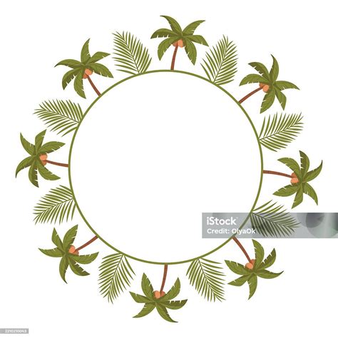 둥근 복사 공간과 여행 물체 야자수 잎 야자수가 있는 여름 배너를 여행합니다 여행과 휴가 바다 여행의 개념 흰색 배경에 고립 된 플랫 벡터 프레임 템플릿입니다 가방에 대한