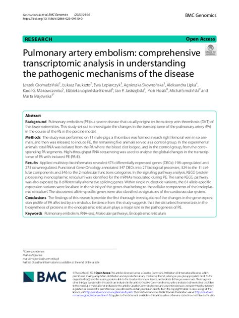 Pdf Pulmonary Artery Embolism Comprehensive Transcriptomic Analysis