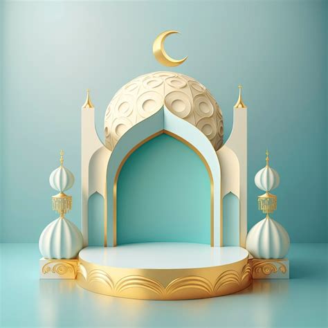3d 렌더링 일러스트레이션 디자인의 이슬람 테마 제품 디스플레이 배경 연단 또는 무대와 빈 공간이 있는 모스크 포털 프레임 프리미엄 사진