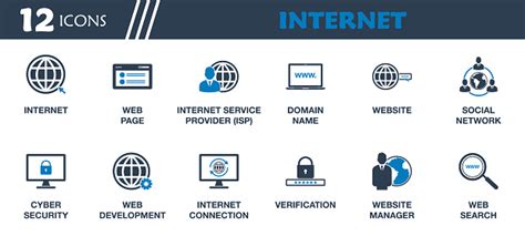 인터넷 아이콘 세트입니다 인터넷 연결 웹 사이트 웹 페이지 Isp 소셜 네트워크 사이버 보안 도메인 이름 및 기타 아이콘 모음 편집 가능한 플랫 벡터 그림입니다 개발에 대한