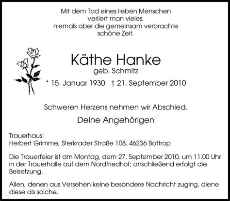 Traueranzeigen Von Käthe Hanke Trauer In Nrw De
