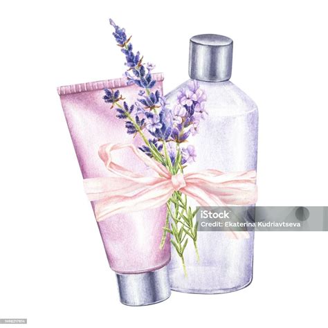 수채화 그림입니다 선물 세트 샴푸와 라벤더 꽃이 있는 샤워 젤 흰색 배경에 격리되어 있습니다 보라색 화장품 광고 천연 화장품