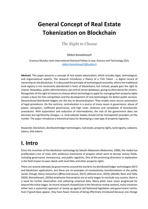 Pdf General Concept Of Real Estate Tokenization On Blockchain