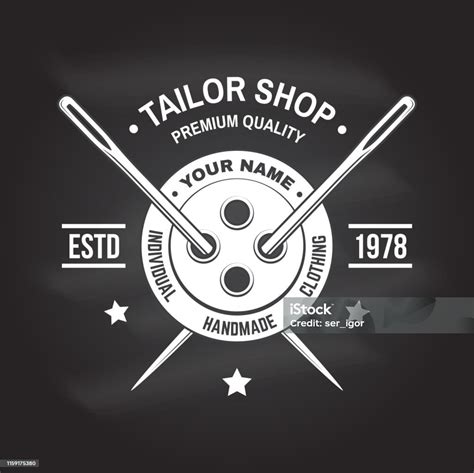 양복점 배지 벡터 셔츠 프린트 스탬프 라벨 또는 티에 대한 개념 바느질 바늘과 버튼 실루엣빈티지 타이포그래피 디자인 봉 제 가게 사업을위한 복고풍 디자인 가위에 대한 스톡