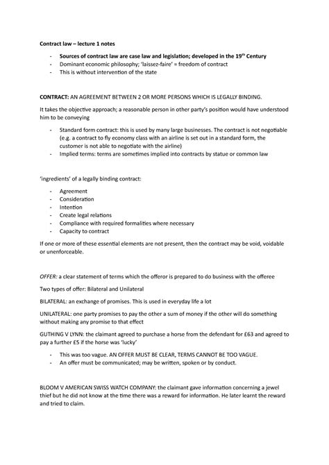 Lecture 6 Notes Conract Lecture 1 Contract Law Lecture 1 Notes Sources Of Contract Law Are