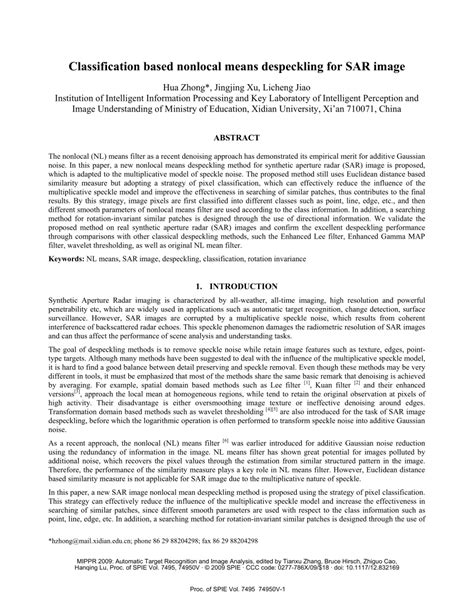 Pdf Classification Based Nonlocal Means Despeckling For Sar Image