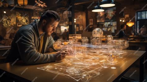 Premium Photo Man Working On A Futuristic Augmented Reality Table